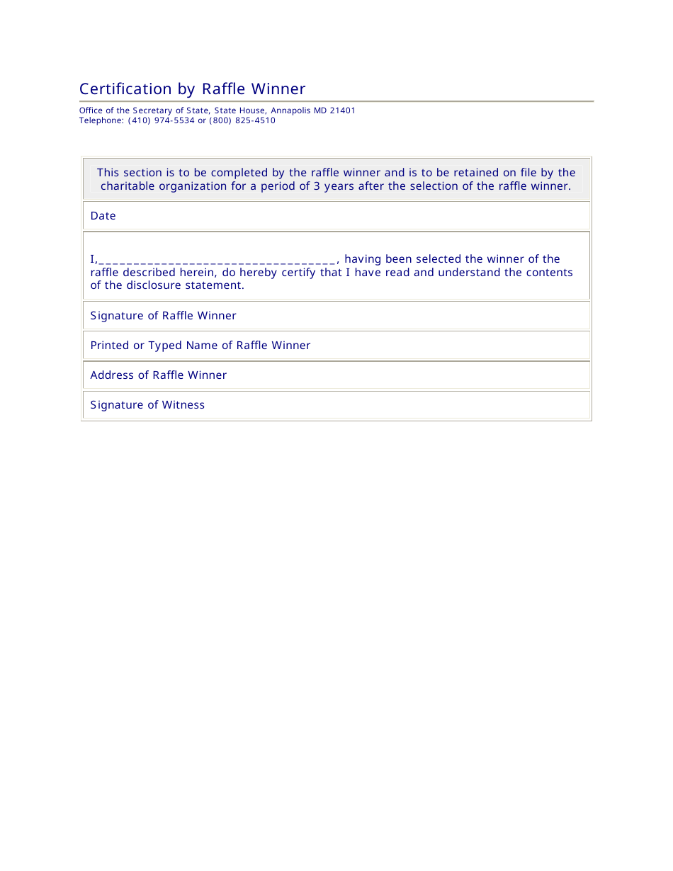Maryland Certification by Raffle Winner - Fill Out, Sign Online and ...