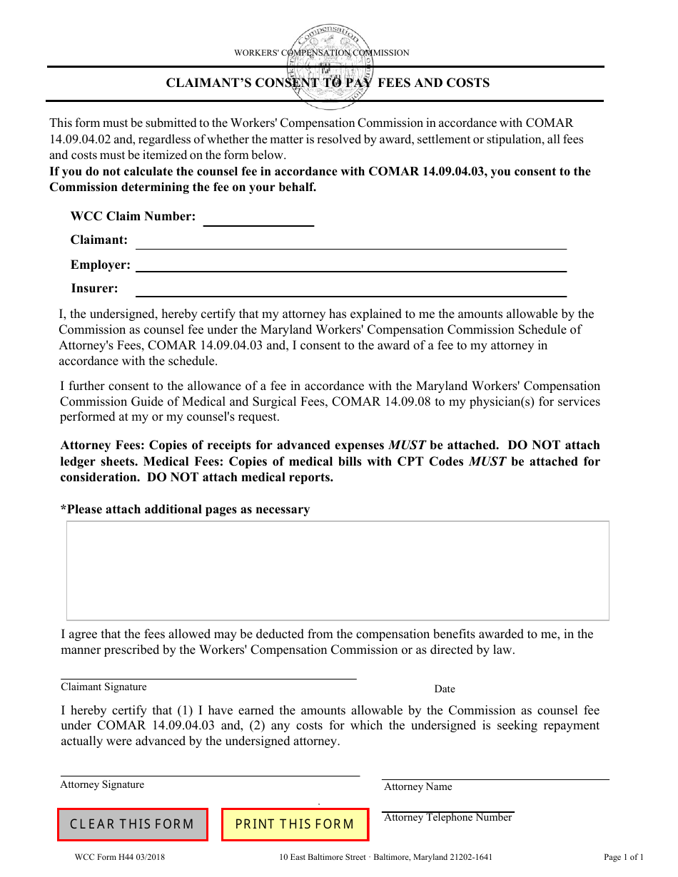 WCC Form H44 - Fill Out, Sign Online and Download Fillable PDF ...