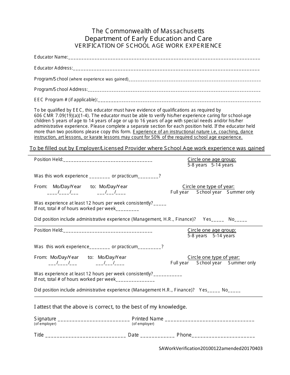 Massachusetts Verification of School Age Work Experience - Fill Out ...