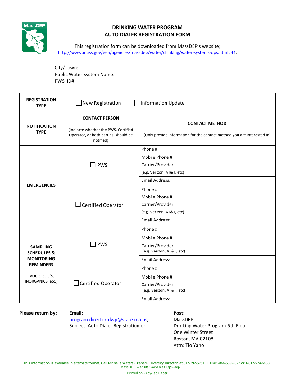 Massachusetts Auto Dialer Registration Form - Drinking Water Program ...