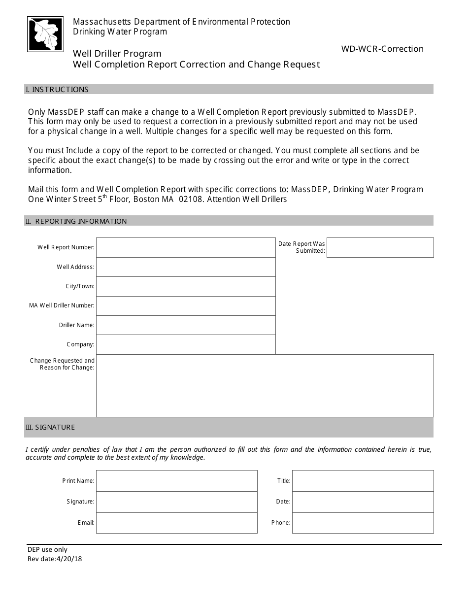 Massachusetts Well Completion Report Correction and Change Request Form ...