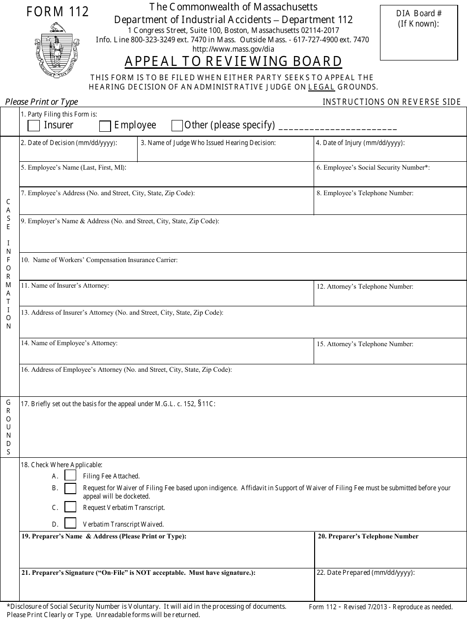Form 112 - Fill Out, Sign Online and Download Printable PDF, Massachusetts | Templateroller