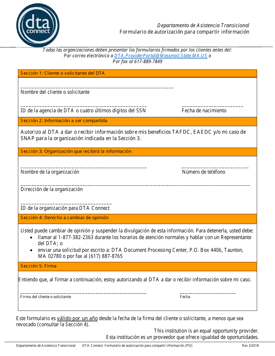 Massachusetts Formulario De Autorizacion Para Compartir Informacion ...