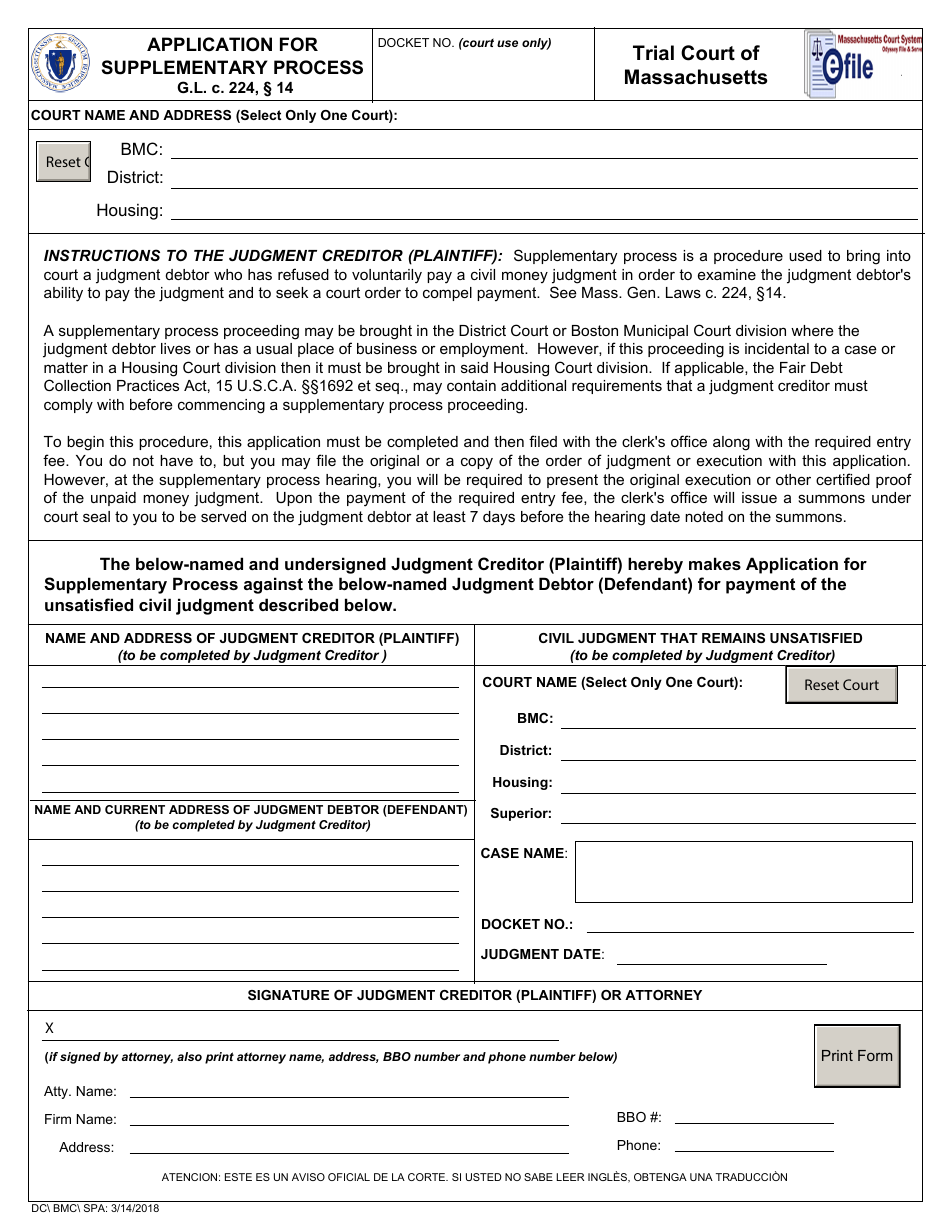 Massachusetts Application for Supplementary Process - Fill Out, Sign ... Massachusetts Application for Supplementary Process - Fill Out, Sign ...