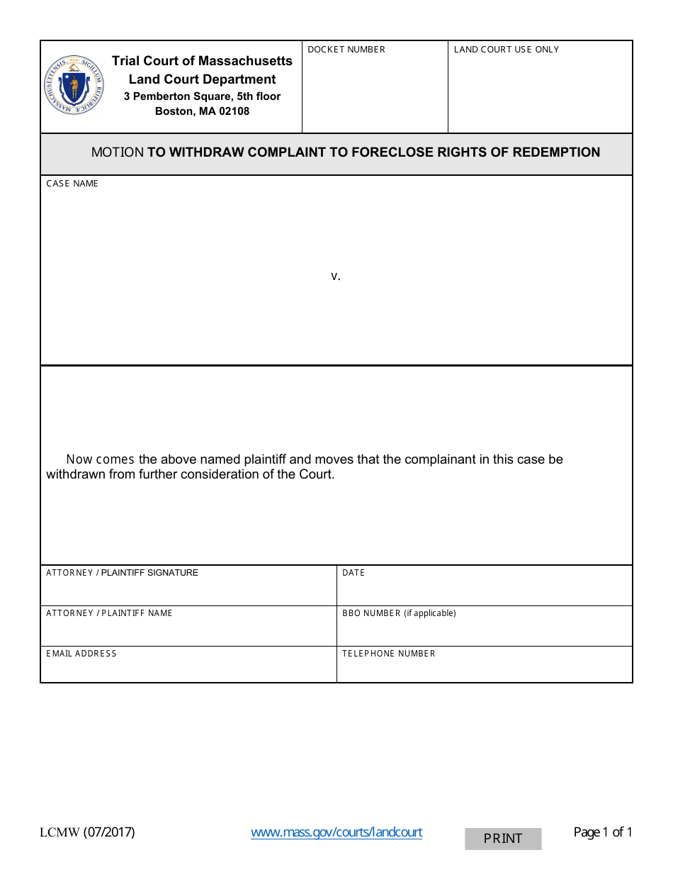 Massachusetts Motion to Withdraw Complaint to Foreclose Rights of Redemption - Fill Out, Sign ...