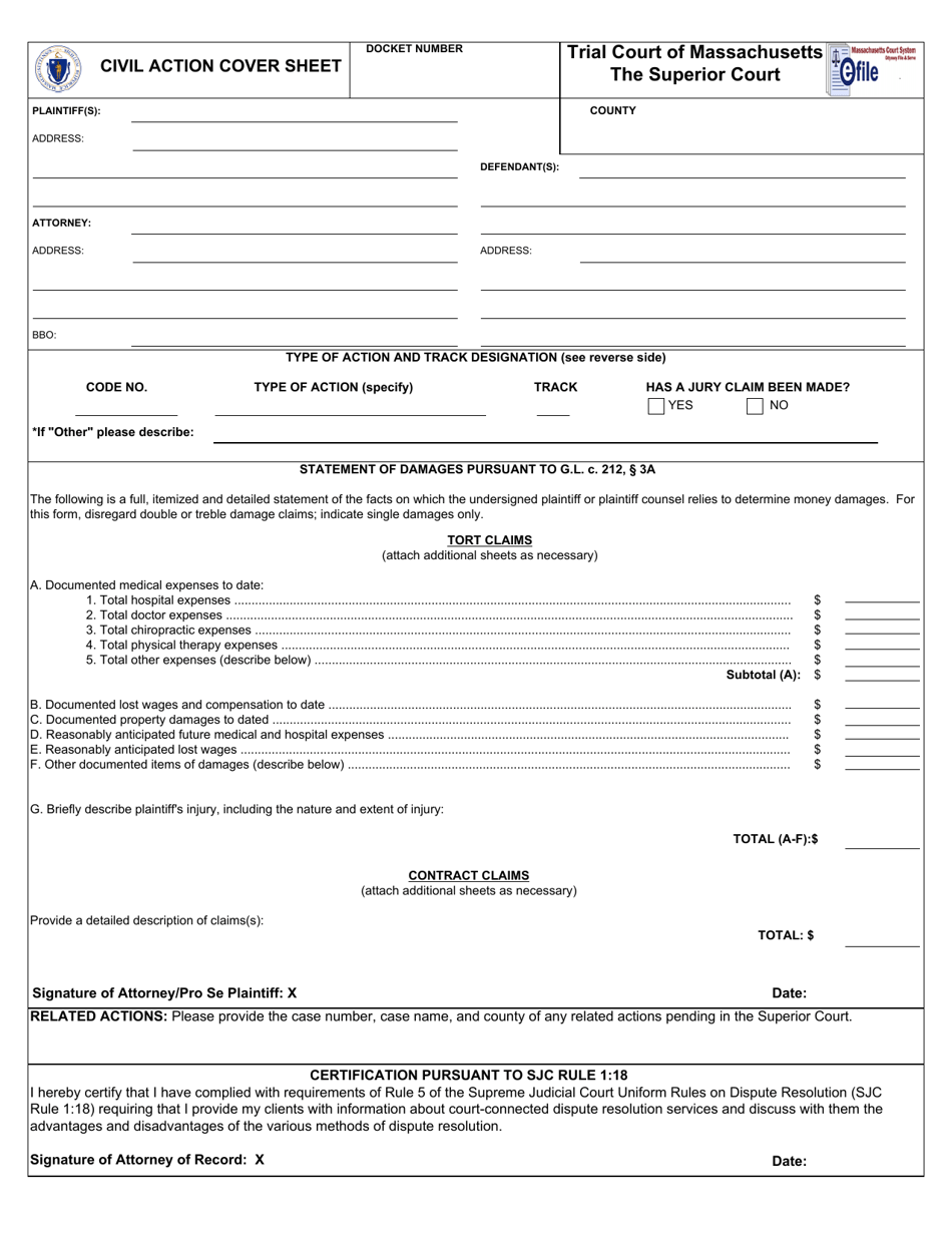 Massachusetts Civil Action Cover Sheet Download Fillable Pdf