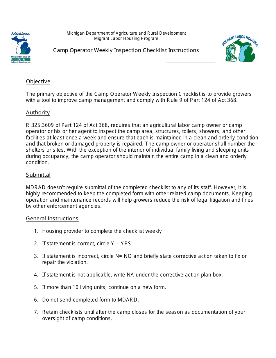 Michigan Camp Operator Weekly Inspection Checklist - Fill Out, Sign ...