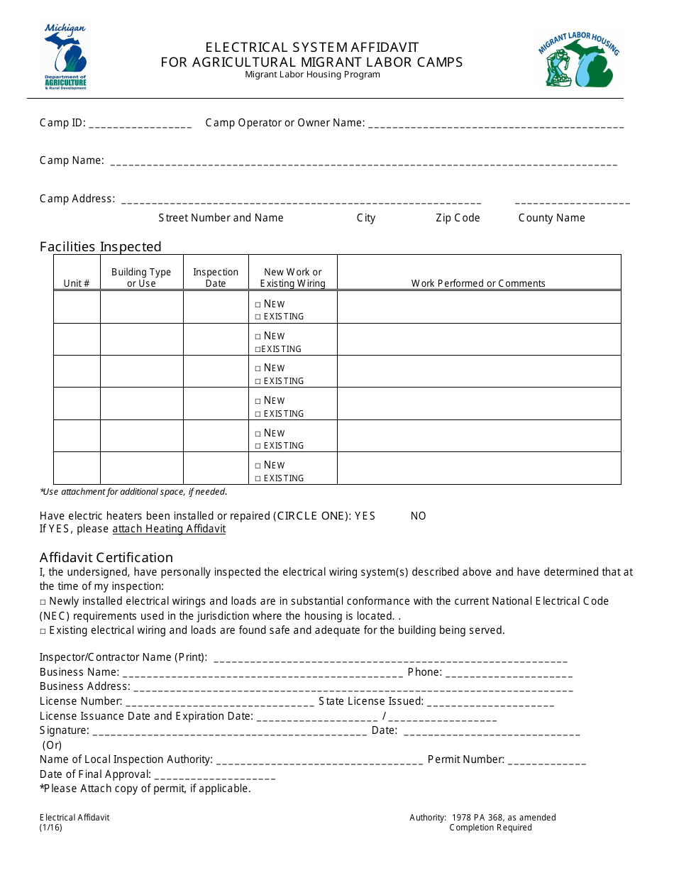 Michigan Electrical System Affidavit for Agricultural Migrant Labor ...