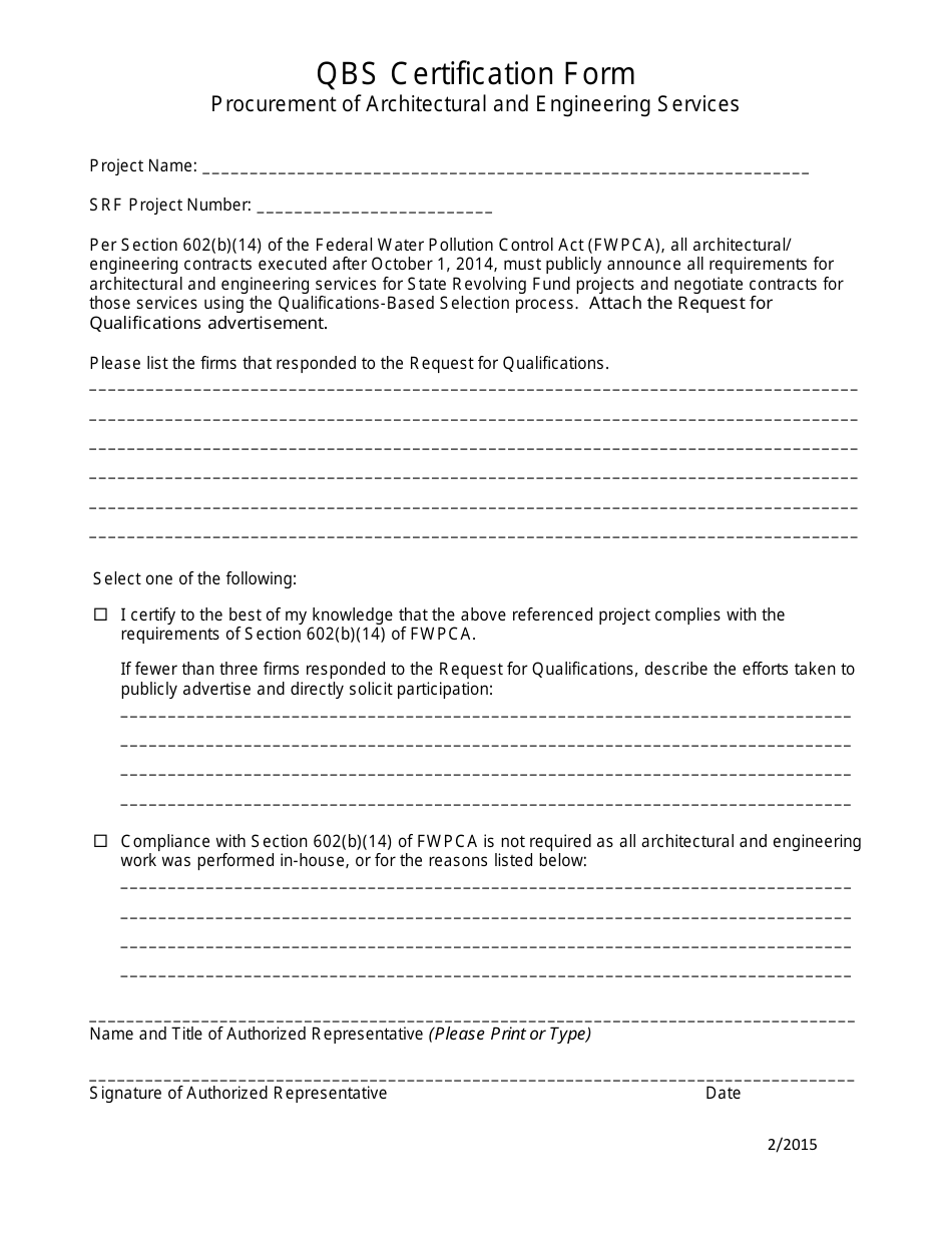 Michigan Qbs Certification Form for Procurement of Architectural and ...