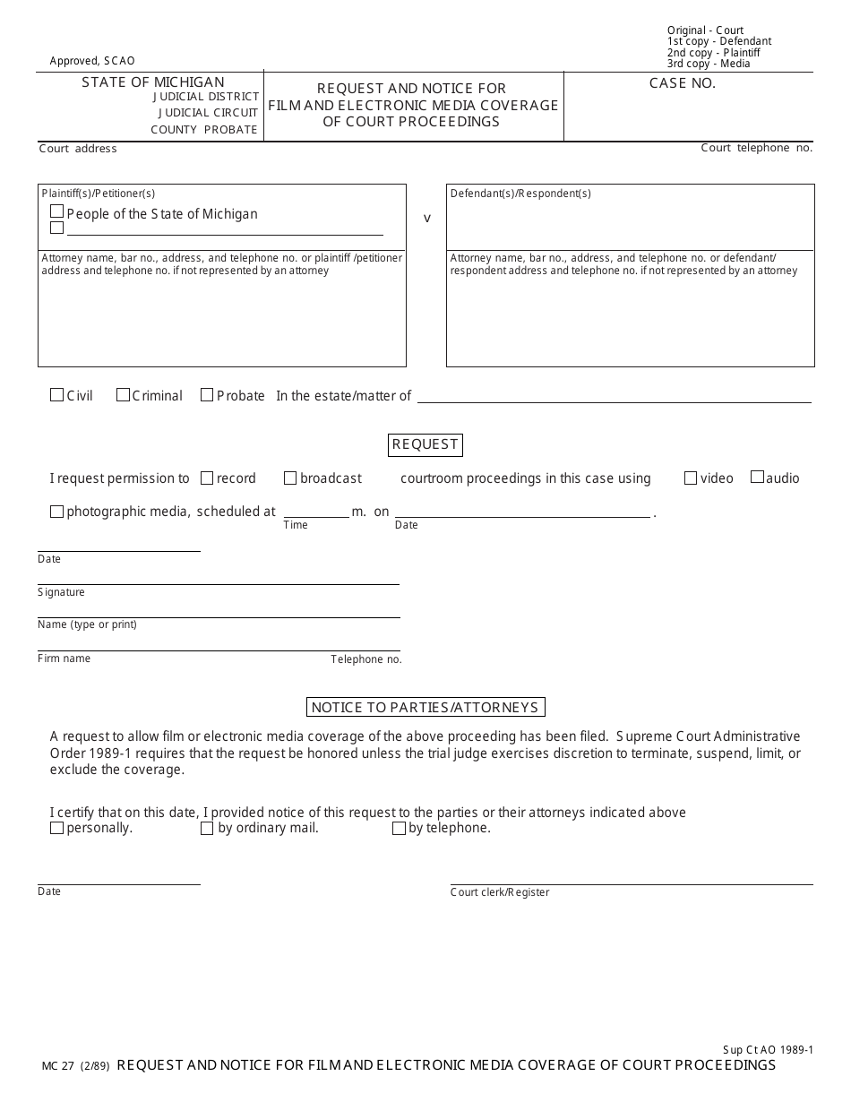 Form MC27 - Fill Out, Sign Online and Download Fillable PDF, Michigan ...