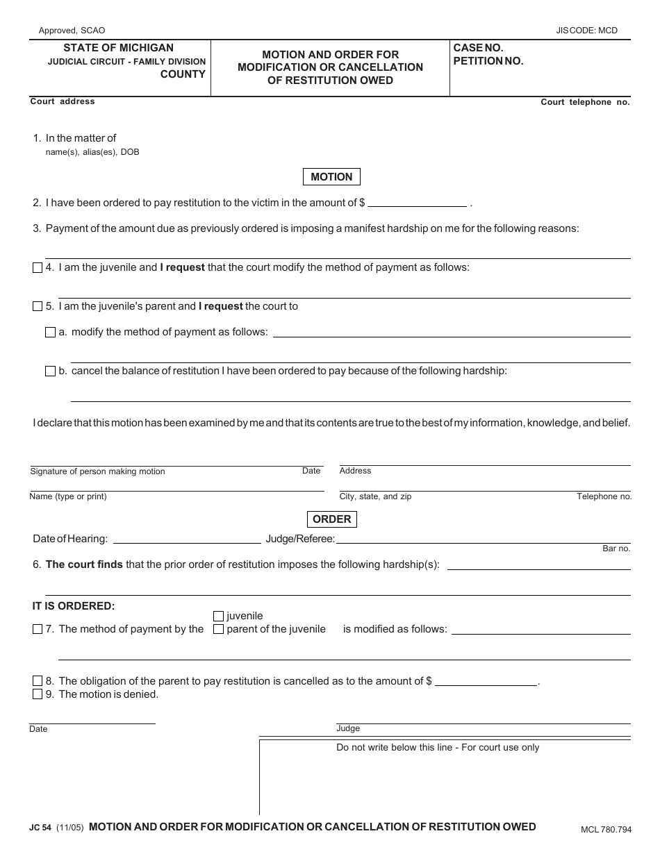 Form JC54 - Fill Out, Sign Online and Download Fillable PDF, Michigan ...