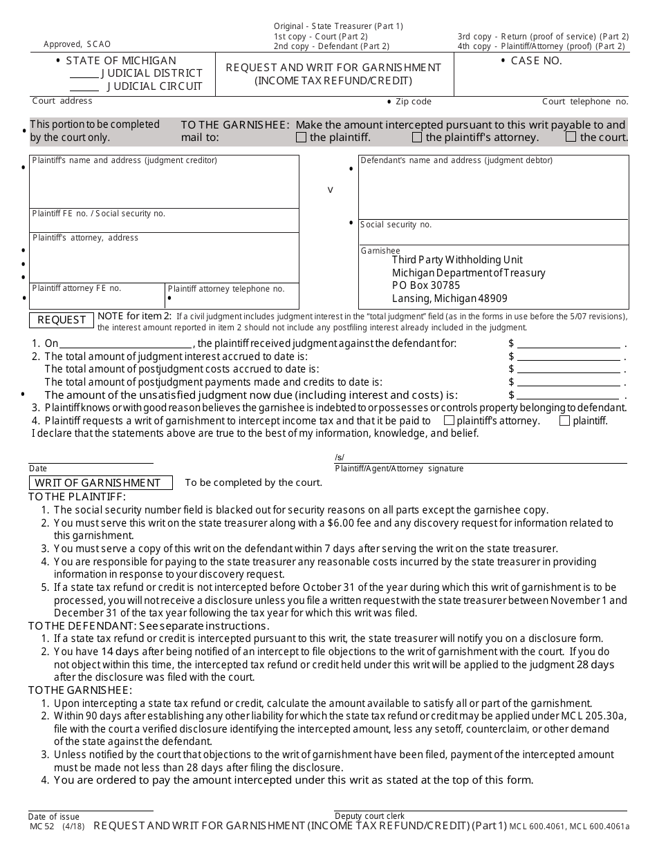 Form MC52 - Fill Out, Sign Online and Download Fillable PDF, Michigan ...