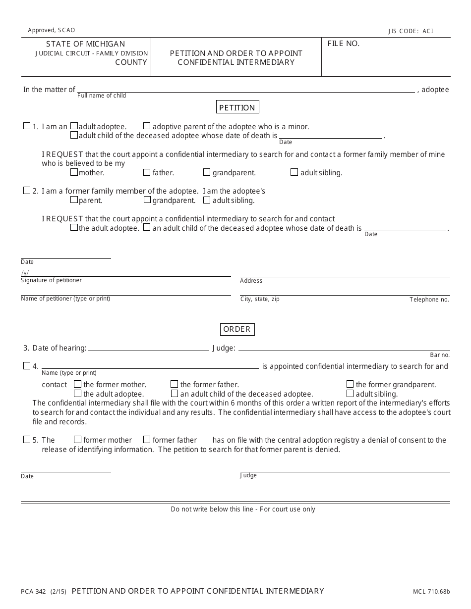 Form PCA342 - Fill Out, Sign Online and Download Fillable PDF, Michigan ...