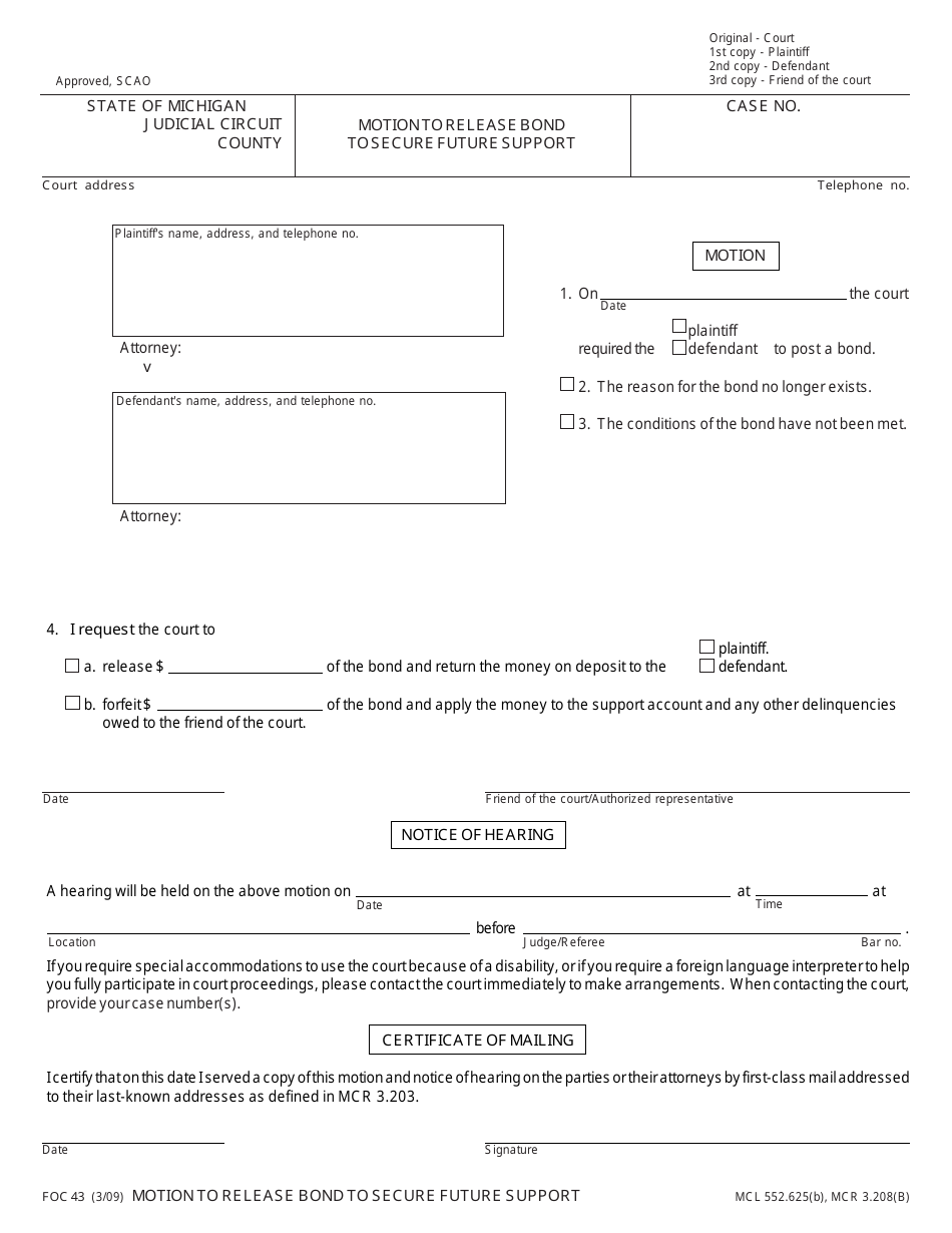 Form FOC43 - Fill Out, Sign Online and Download Fillable PDF, Michigan ...