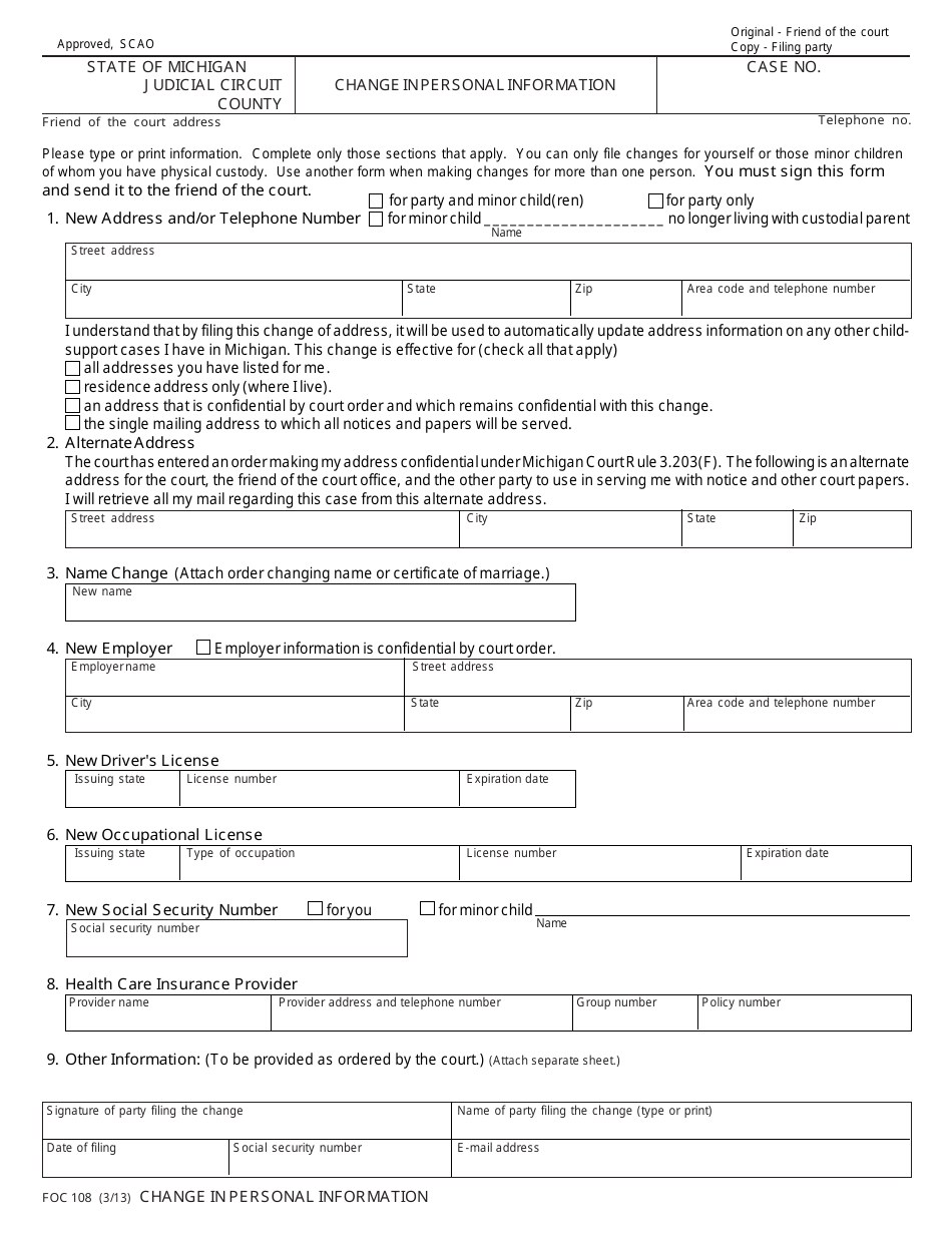 Form FOC108 - Fill Out, Sign Online and Download Fillable PDF, Michigan ...