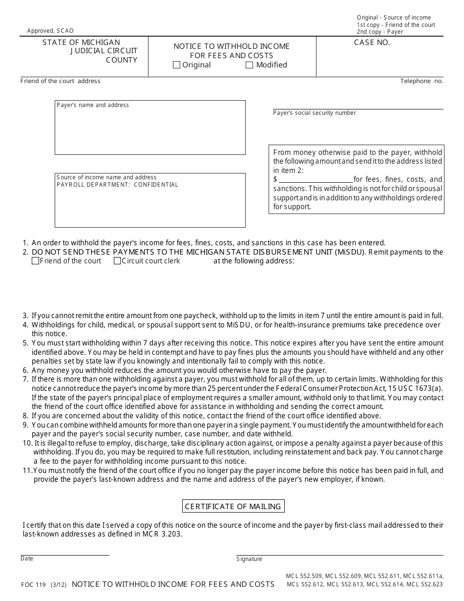 Form FOC119 - Fill Out, Sign Online and Download Fillable PDF, Michigan ...
