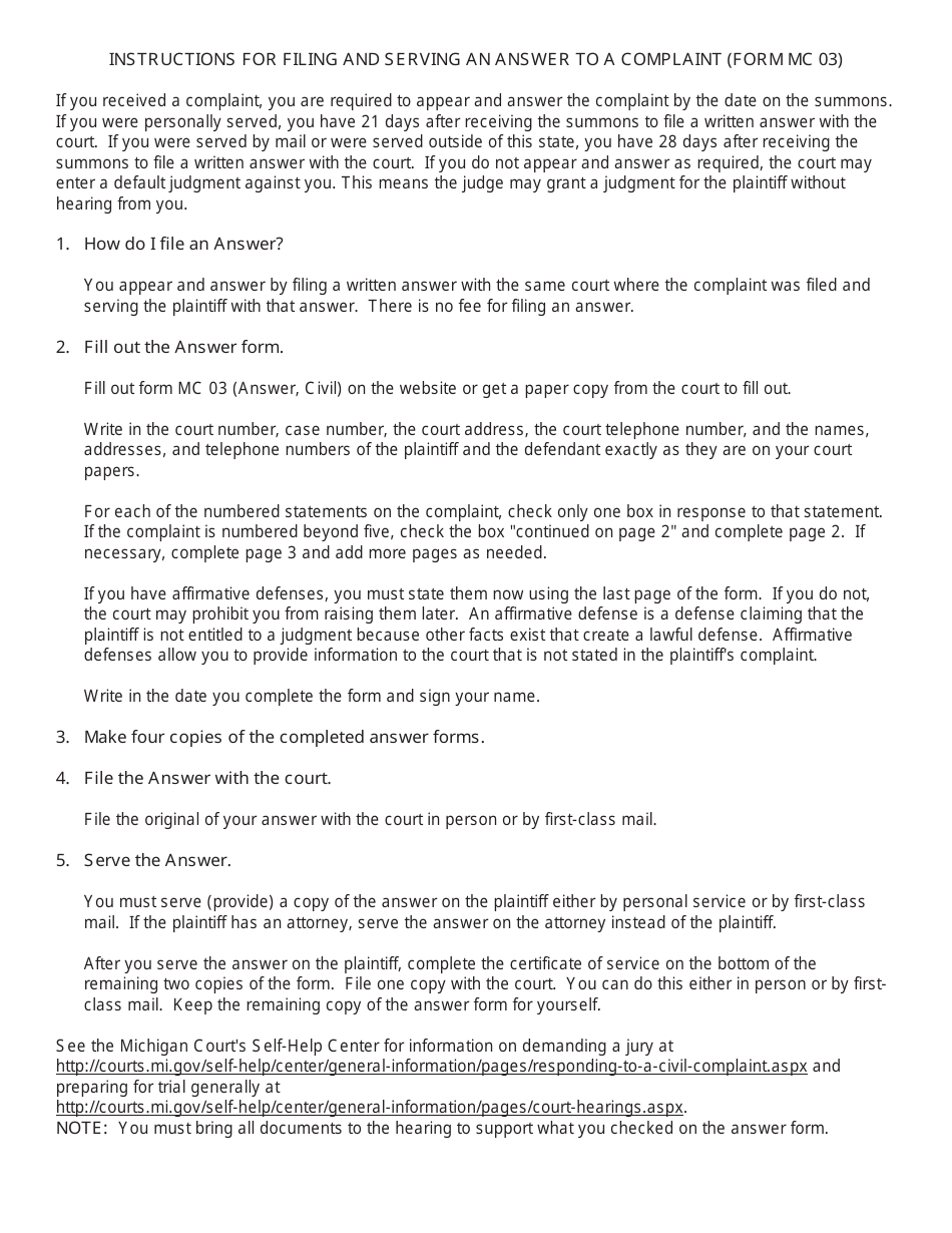 Form MC03 - Fill Out, Sign Online and Download Fillable PDF, Michigan ...
