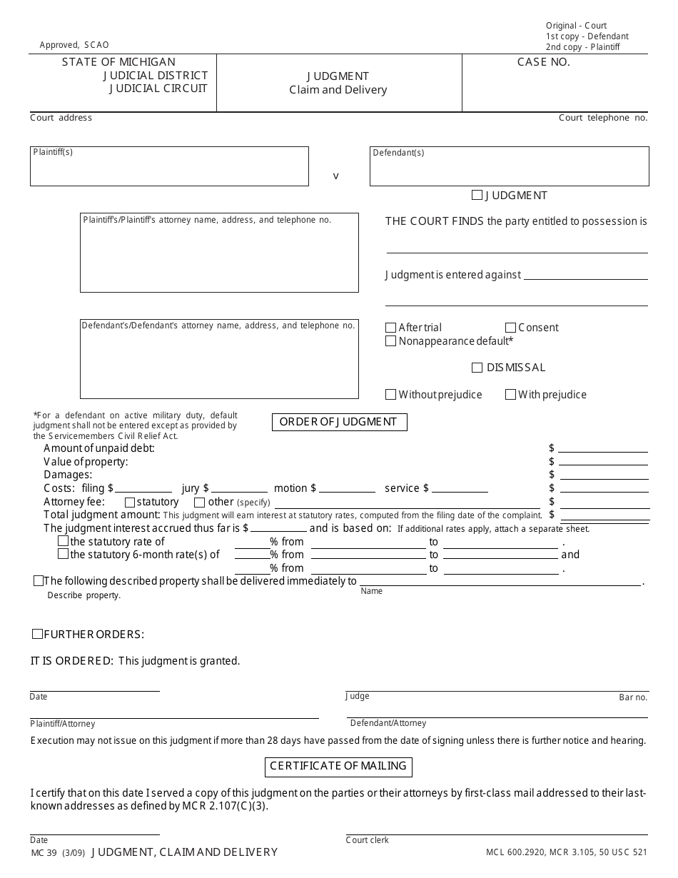 Form MC39 - Fill Out, Sign Online and Download Fillable PDF, Michigan ...