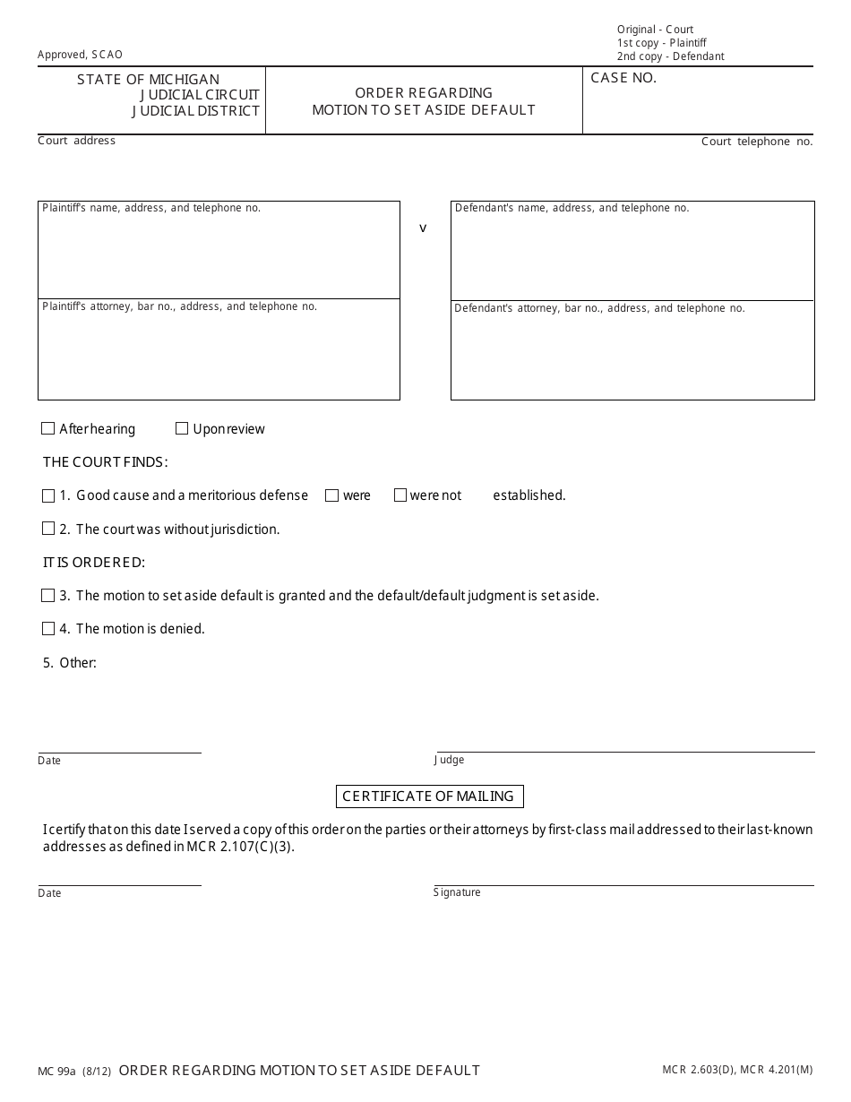 Form MC99A - Fill Out, Sign Online and Download Fillable PDF, Michigan ...