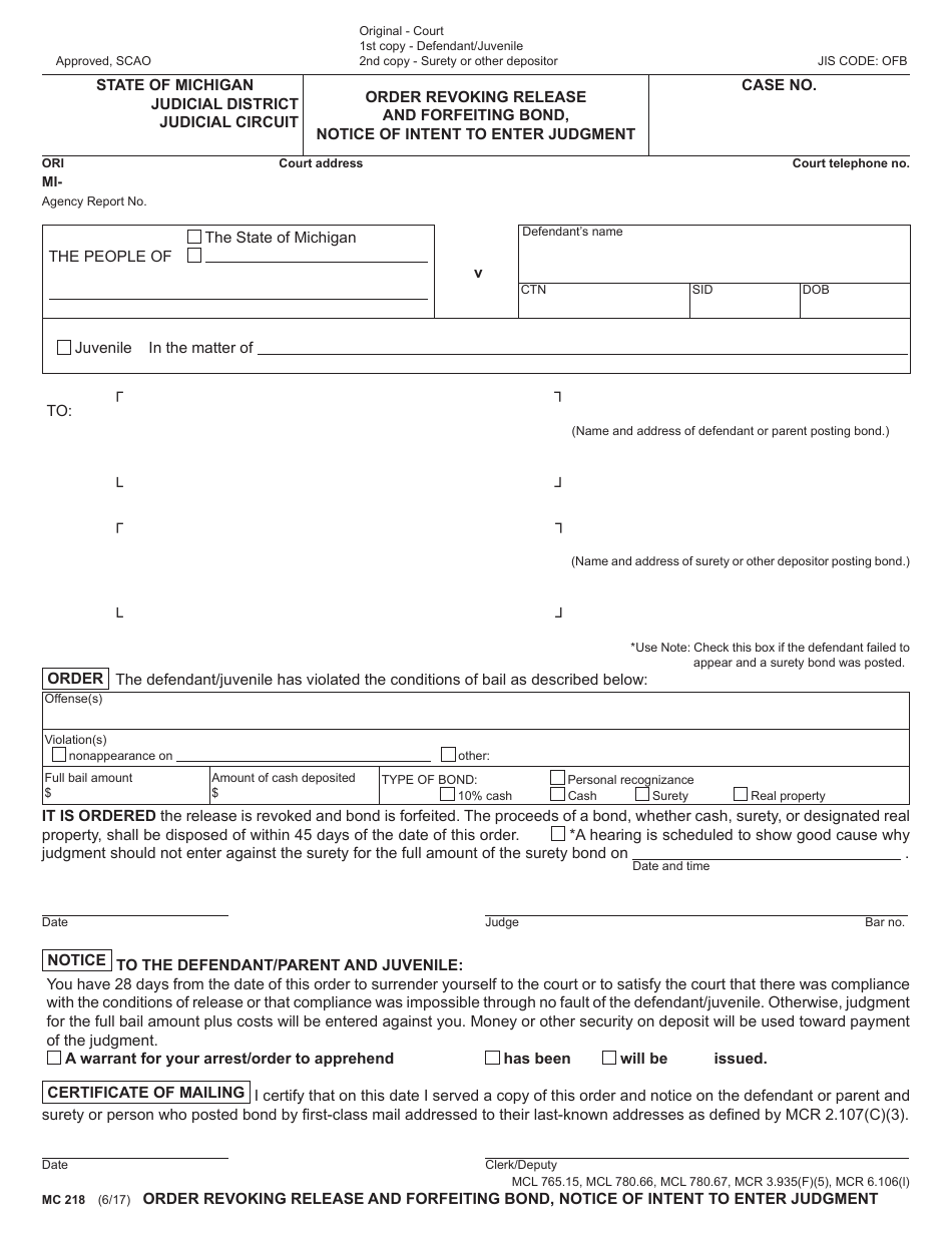 Form MC218 - Fill Out, Sign Online and Download Fillable PDF, Michigan ...