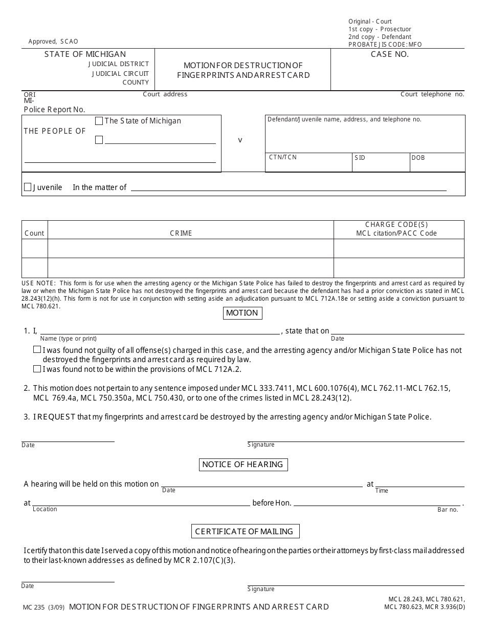 Form MC235 - Fill Out, Sign Online and Download Fillable PDF, Michigan ...
