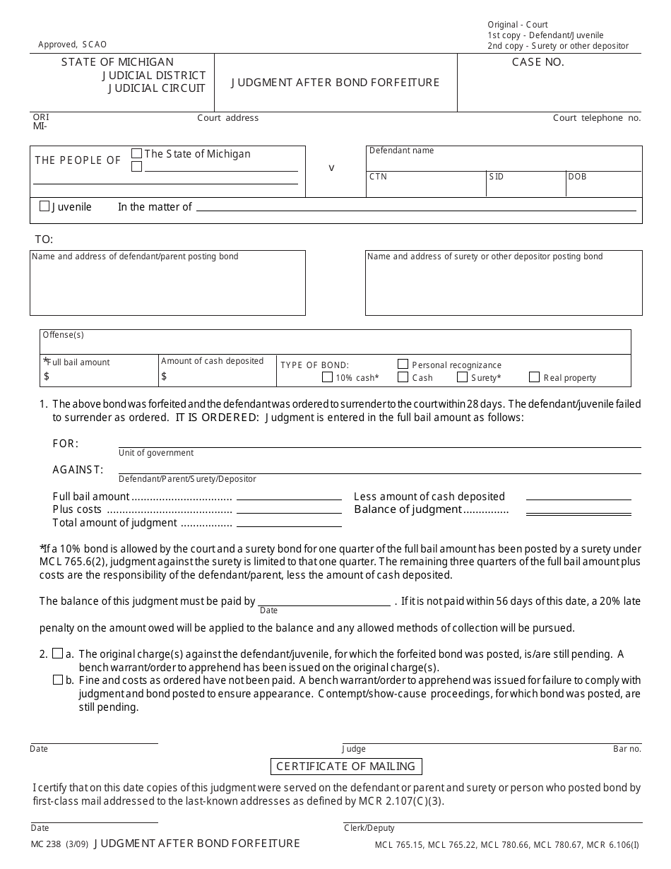 Form MC238 - Fill Out, Sign Online and Download Fillable PDF, Michigan ...