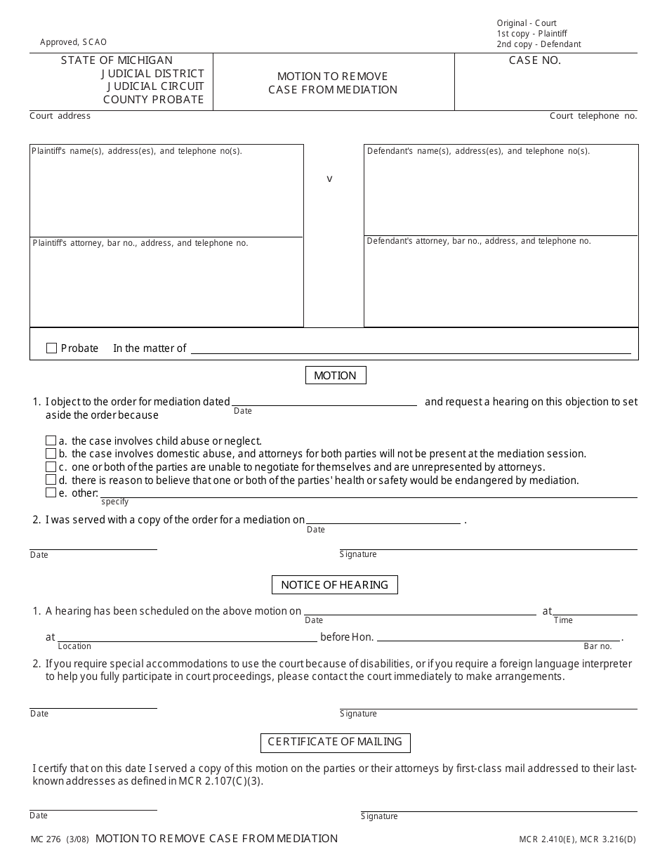 Form MC276 - Fill Out, Sign Online and Download Fillable PDF, Michigan ...