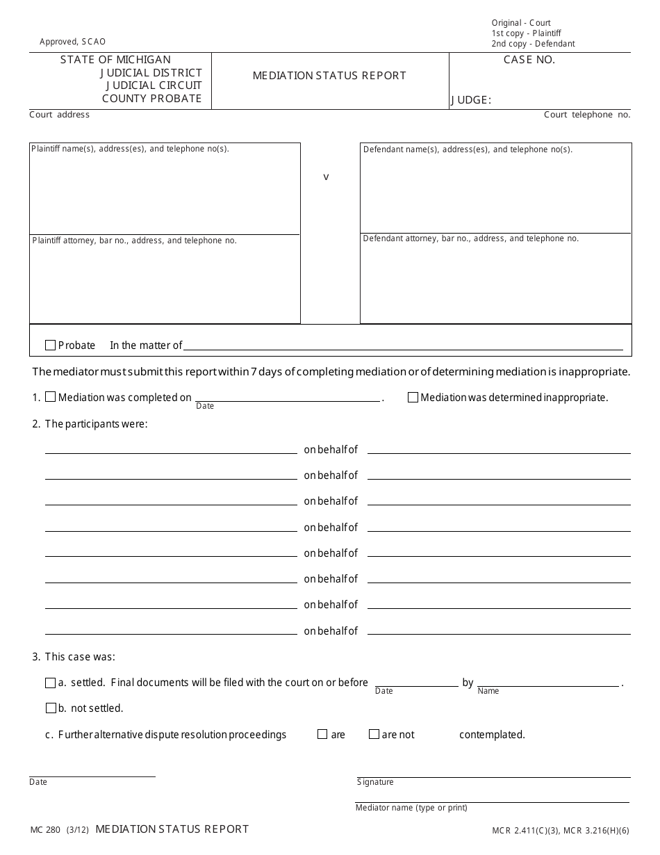 Form MC280 - Fill Out, Sign Online and Download Fillable PDF, Michigan ...
