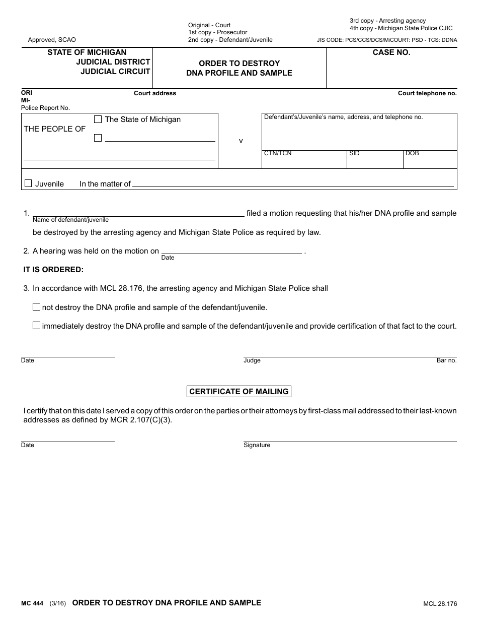 Form MC444 - Fill Out, Sign Online and Download Fillable PDF, Michigan ...