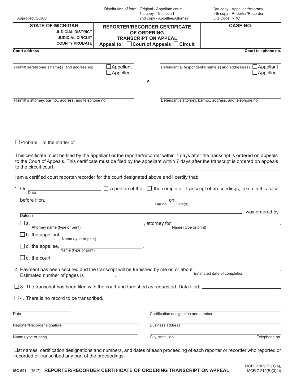 Form MC501 - Fill Out, Sign Online and Download Fillable PDF, Michigan ...