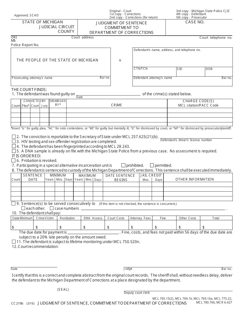 Form CC219B - Fill Out, Sign Online and Download Fillable PDF, Michigan ...