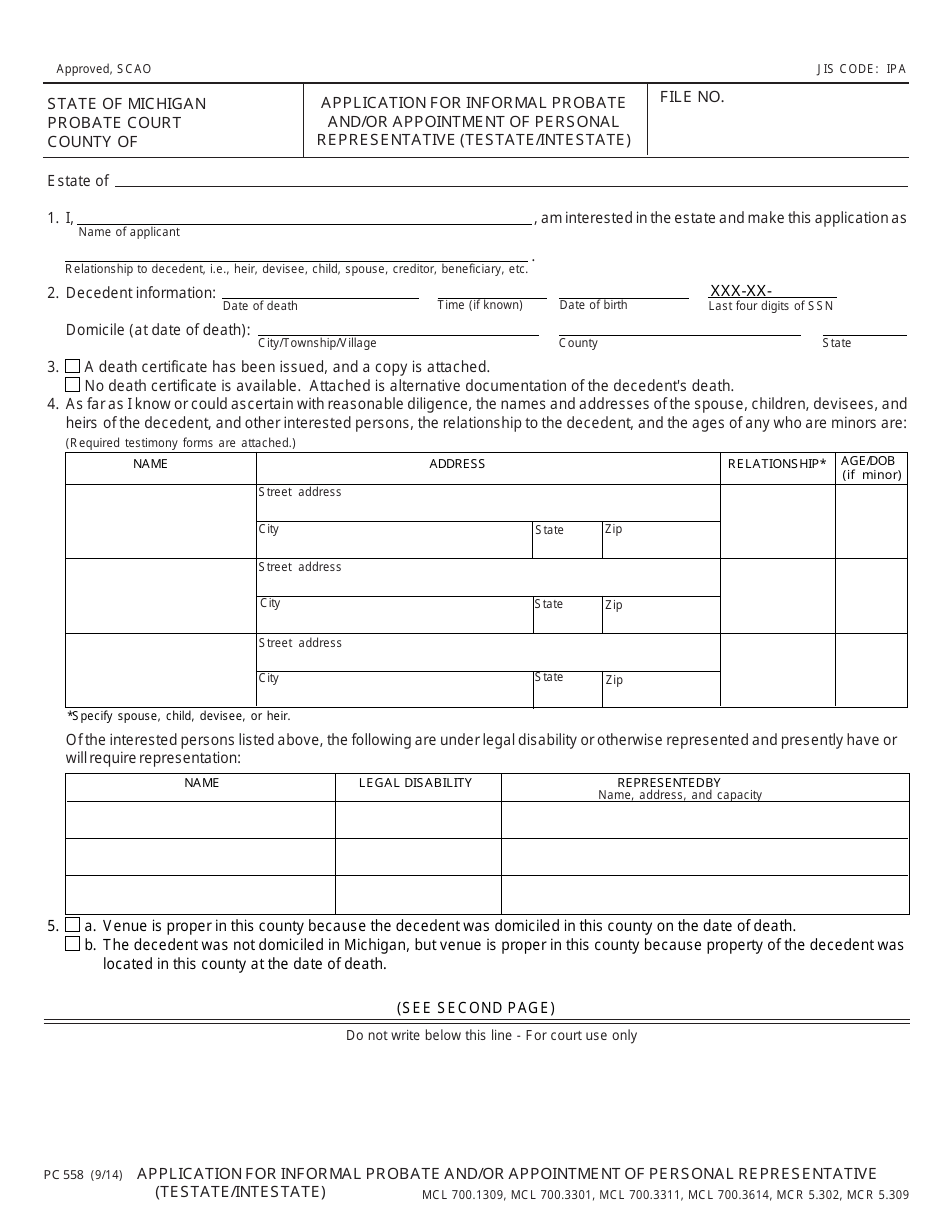 Form PC558 - Fill Out, Sign Online and Download Fillable PDF, Michigan ...