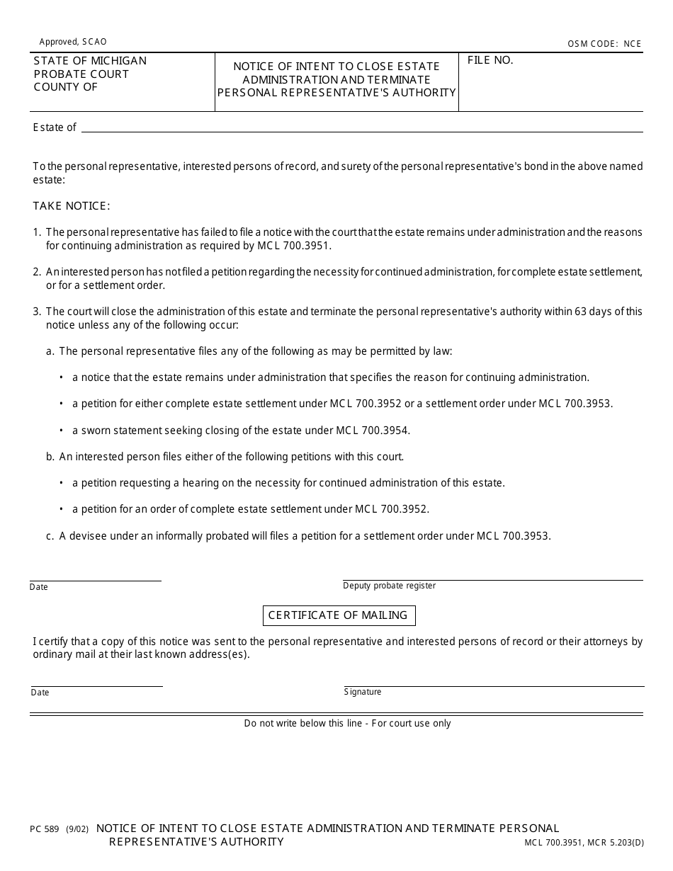 Form PC589 - Fill Out, Sign Online and Download Fillable PDF, Michigan ...