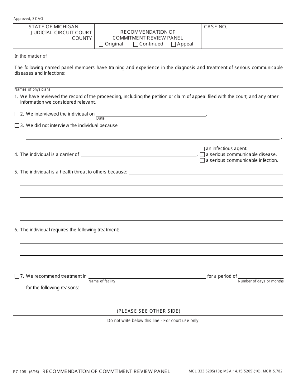 Form PC108 - Fill Out, Sign Online and Download Fillable PDF, Michigan ...