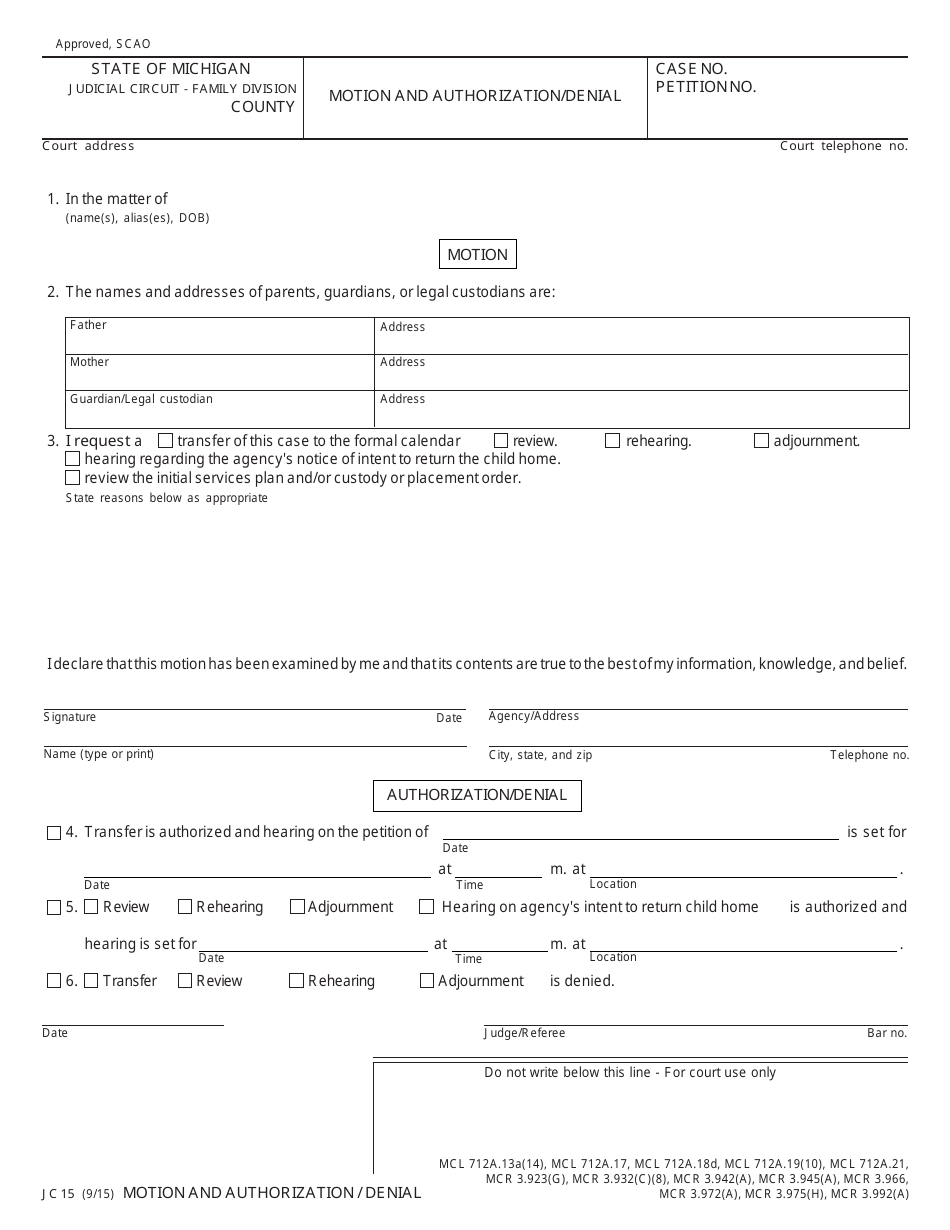 Form JC15 - Fill Out, Sign Online and Download Fillable PDF, Michigan | Templateroller