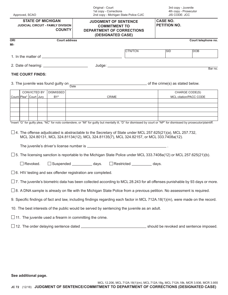 Form JC72 Download Fillable PDF or Fill Online Judgment of Sentence ...