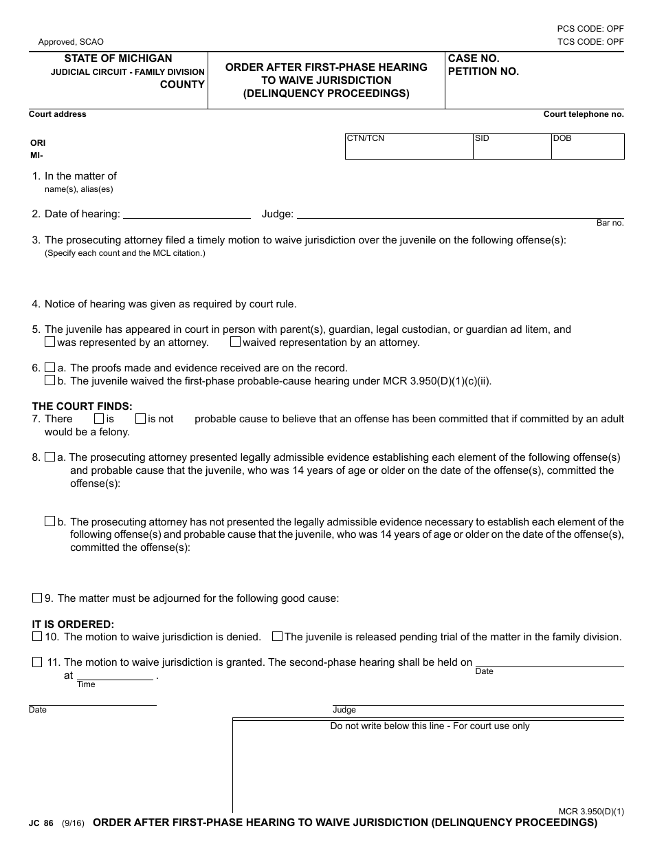 Form JC86 - Fill Out, Sign Online and Download Fillable PDF, Michigan ...