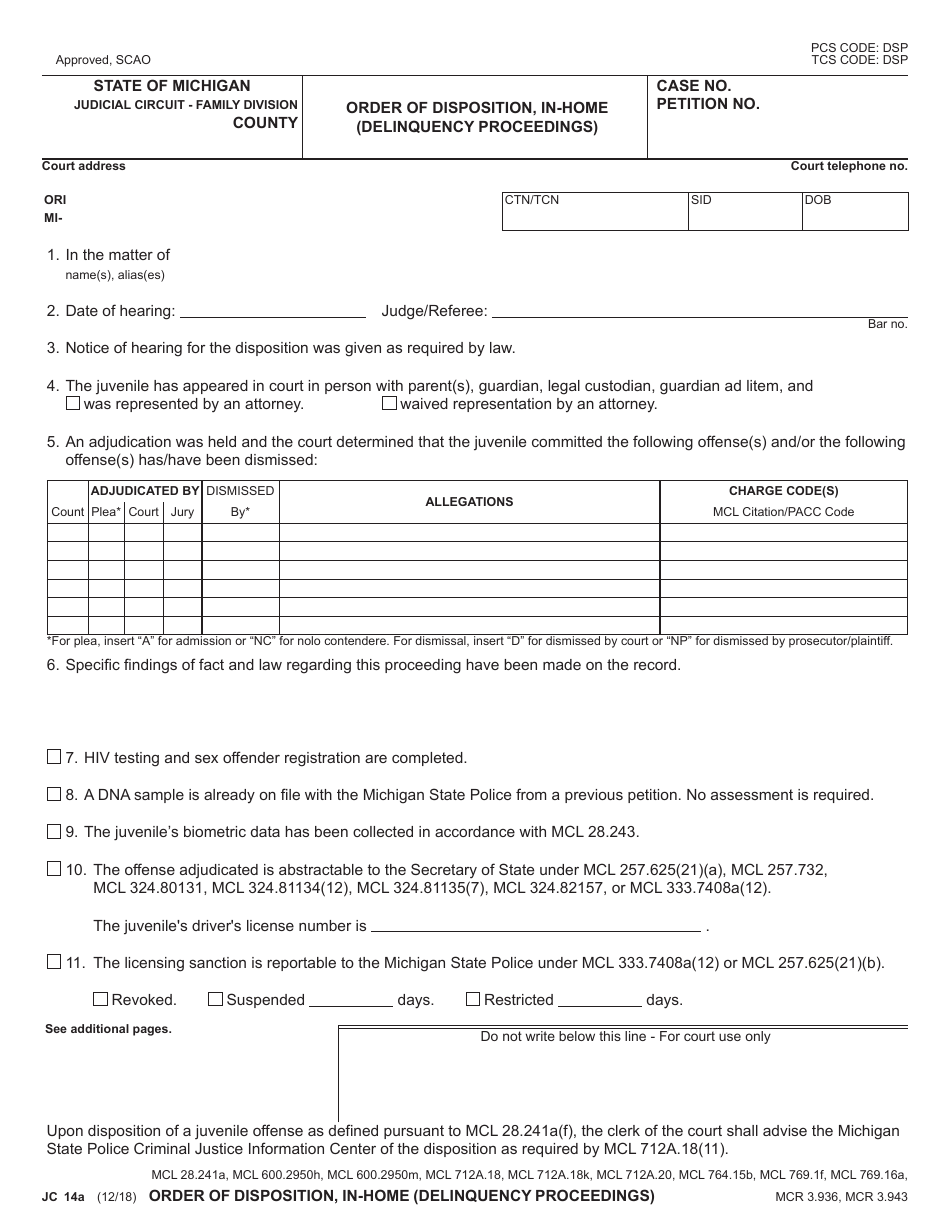 Form JC14A - Fill Out, Sign Online and Download Fillable PDF, Michigan ...