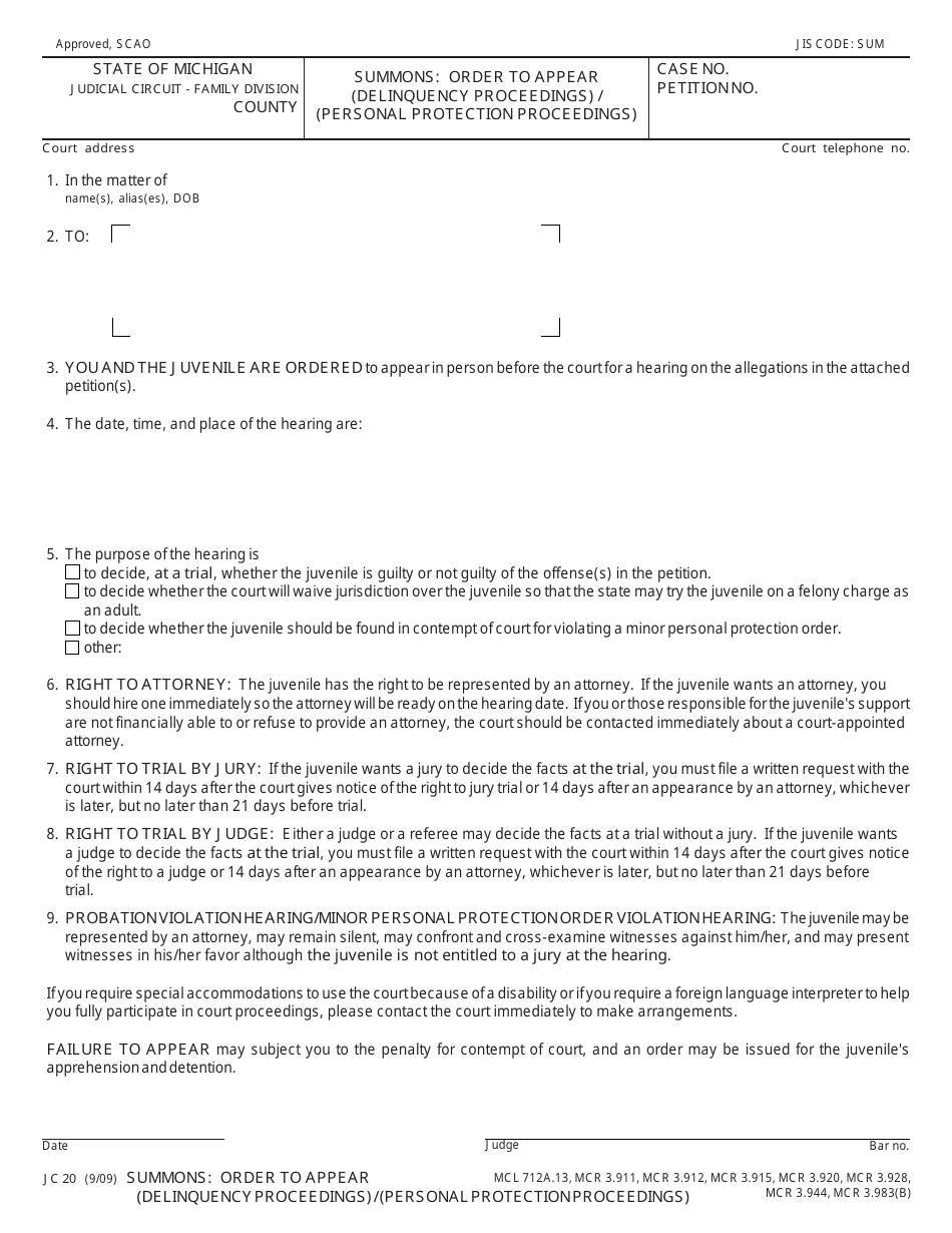 Form JC20 - Fill Out, Sign Online and Download Fillable PDF, Michigan ...