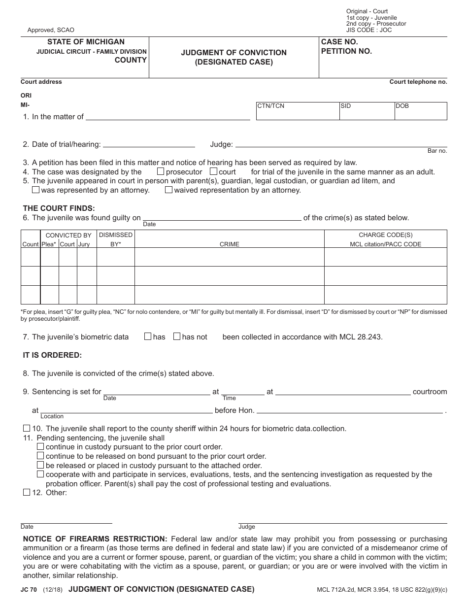 Form JC70 - Fill Out, Sign Online and Download Fillable PDF, Michigan ...