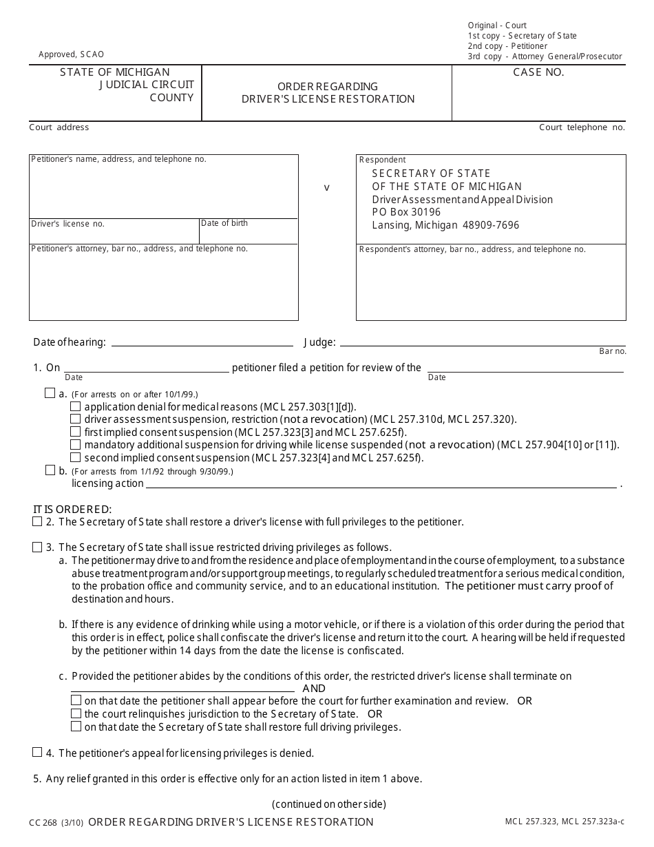 Form CC268 - Fill Out, Sign Online and Download Fillable PDF, Michigan ...