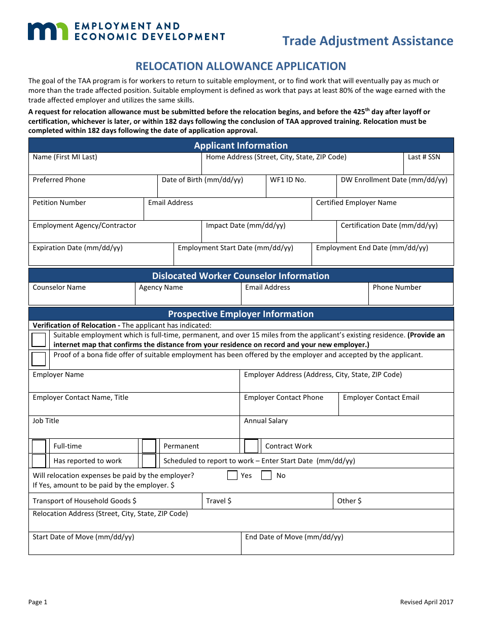 Minnesota Relocation Allowance Application Form - Trade Adjustment ...