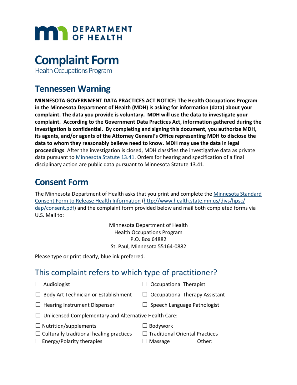 Minnesota Complaint Form - Health Occupations Program - Fill Out, Sign ...