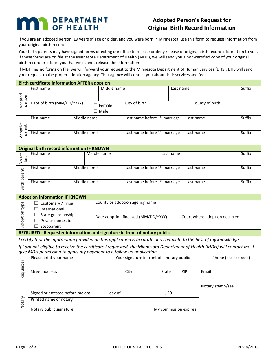 Minnesota Adopted Person's Request for Original Birth Record ...