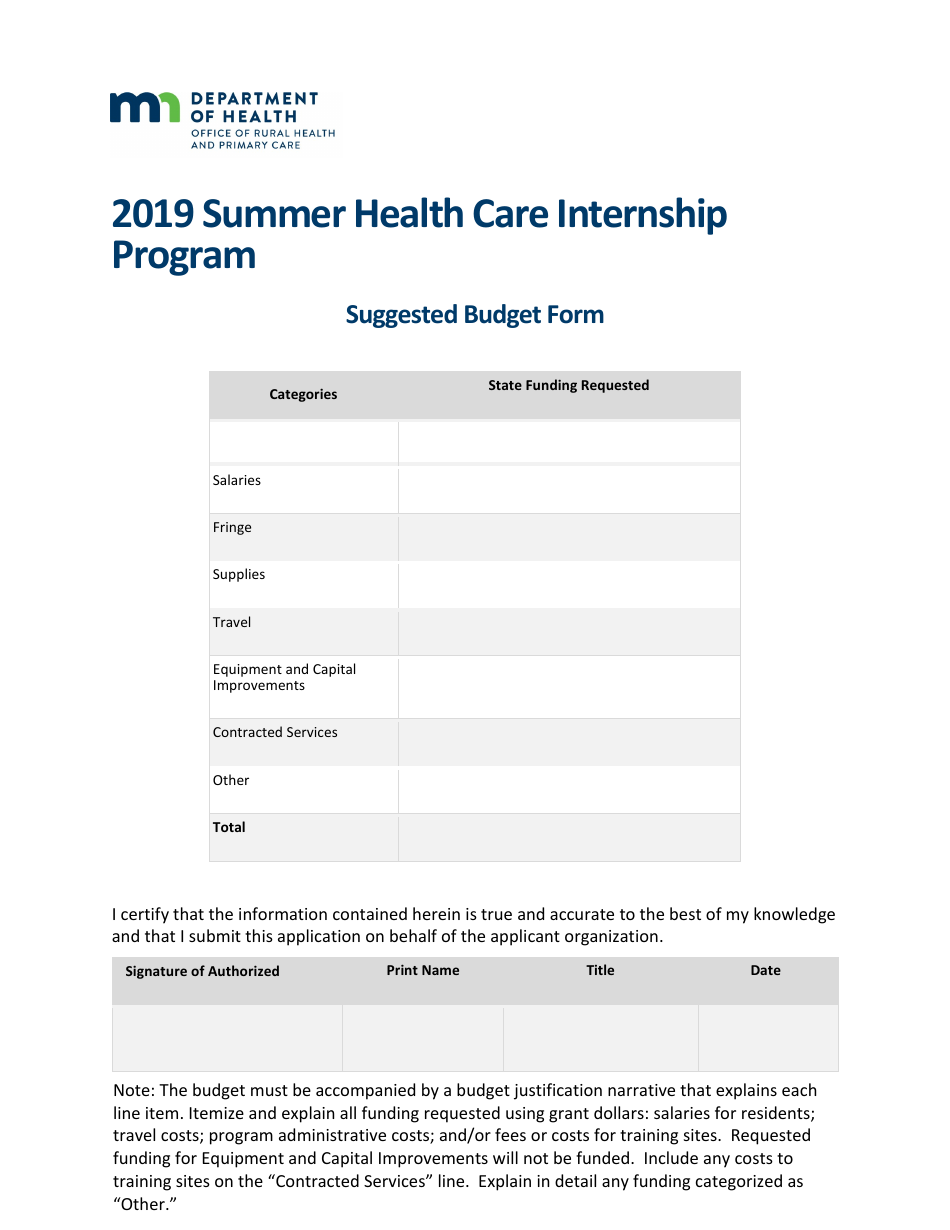 2019 Minnesota Suggested Budget Form - Summer Health Care Internship ...