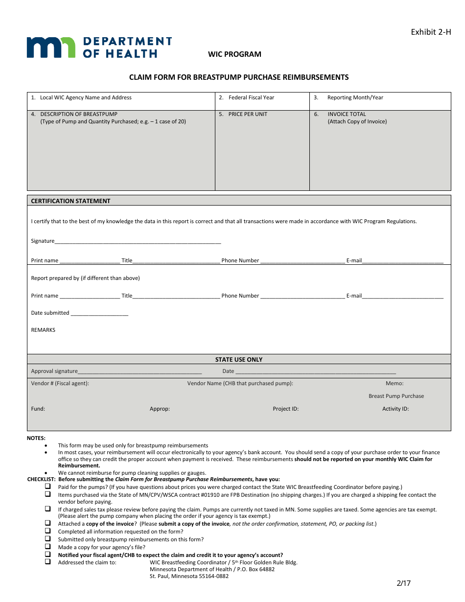 Minnesota Claim Form for Breastpump Purchase Reimbursements - Wic ...