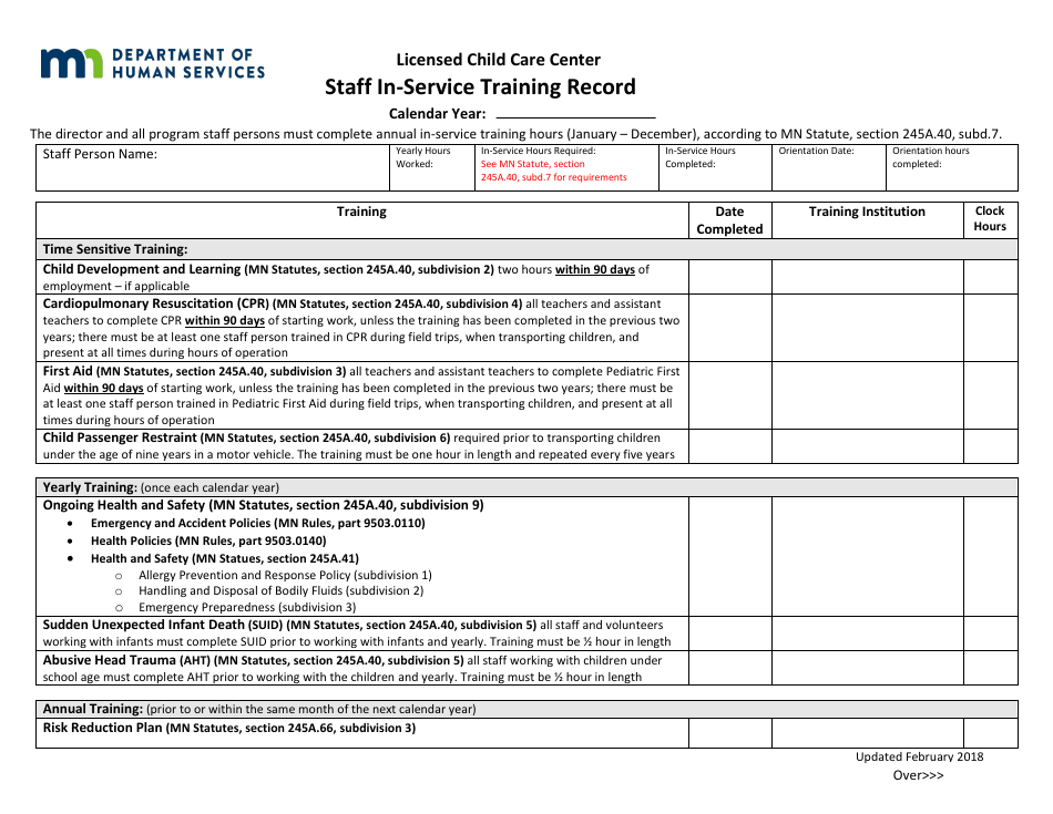 Minnesota Staff In-Service Training Record Form - Fill Out, Sign Online ...