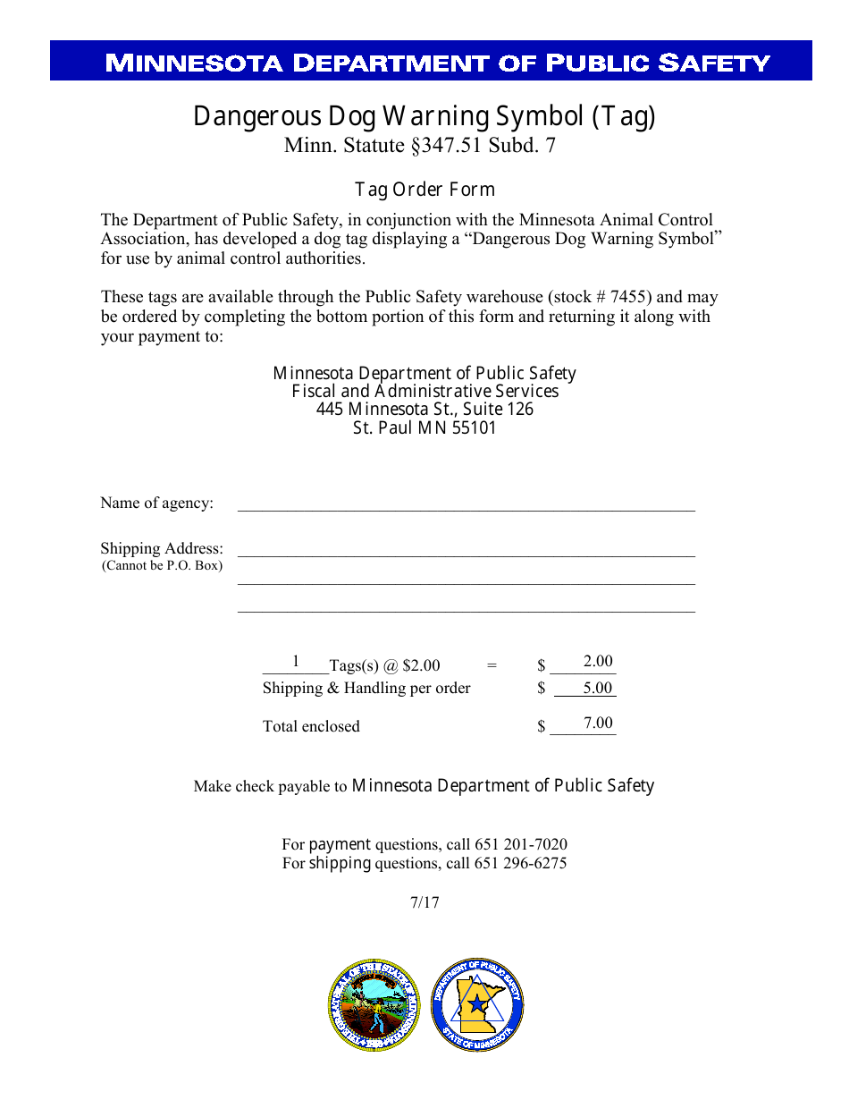 Minnesota Dangerous Dog Warning Symbol (Tag) Order Form - Fill Out ...