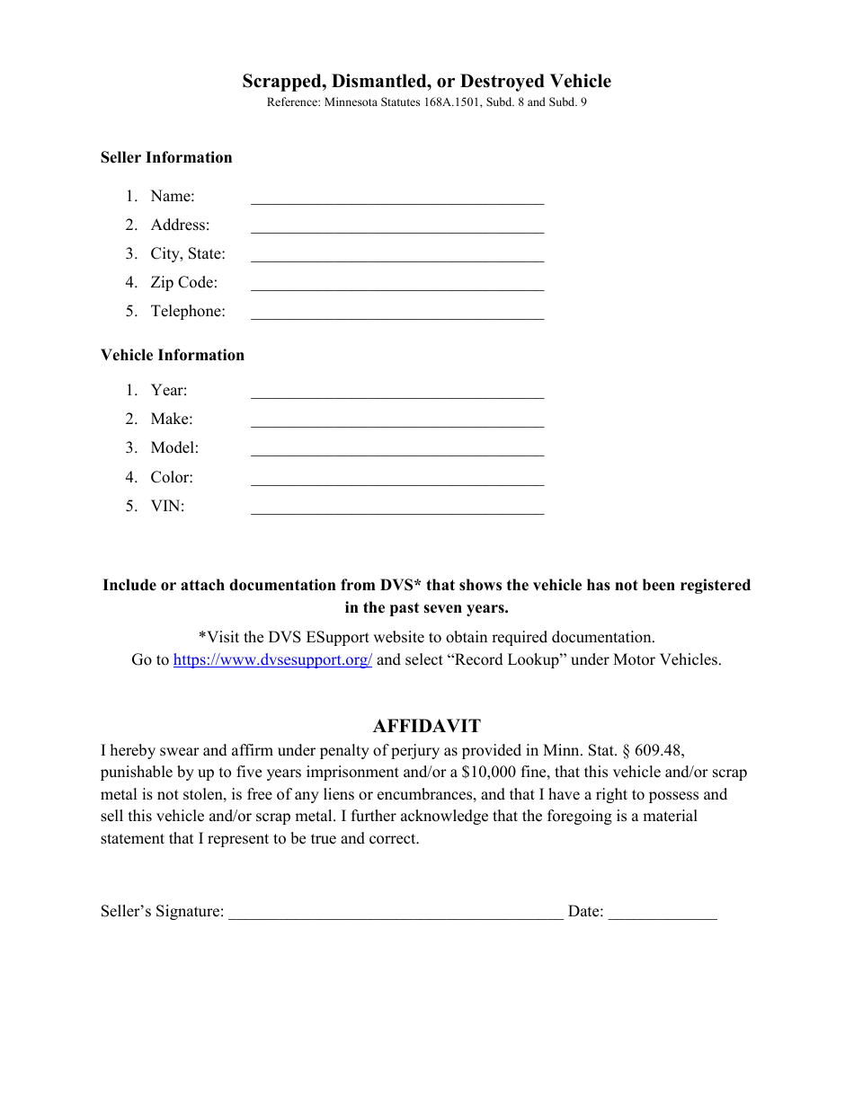 Minnesota scrapped, Dismantled, or Destroyed Vehicle Statement Form ...