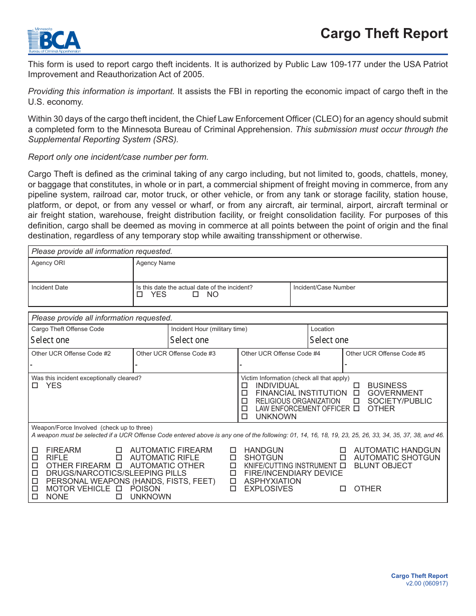Minnesota Cargo Theft Report Form - Fill Out, Sign Online and Download ...